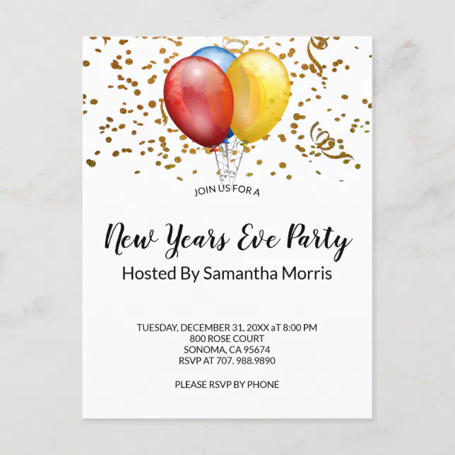 Balloons Confetti Festive New Years Eve Party Invitation Postcard | Zazzle