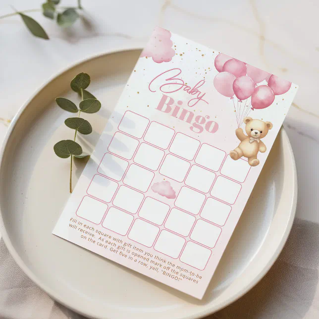 Balloons pink teddy bear baby shower bingo game | Zazzle