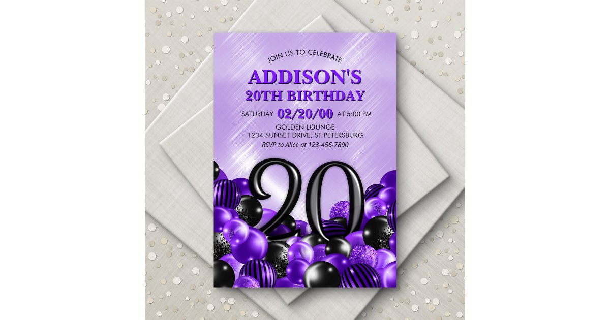 Balloons Purple 20th Birthday Invitation | Zazzle
