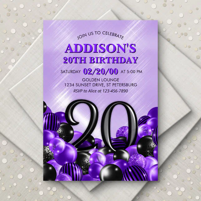 Balloons Purple 20th Birthday Invitation | Zazzle
