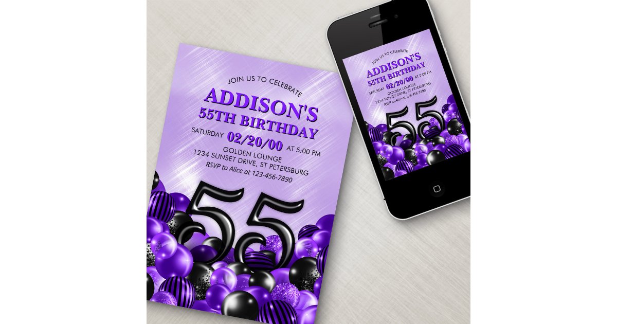 Balloons Purple 55th Birthday Invitation | Zazzle