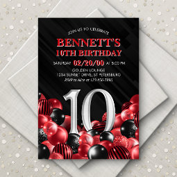 Balloons Red 10th Birthday Invitation | Zazzle