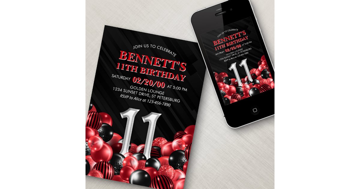 Balloons Red 11th Birthday Invitation | Zazzle