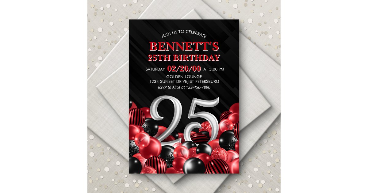 Balloons Red 25th Birthday Invitation | Zazzle