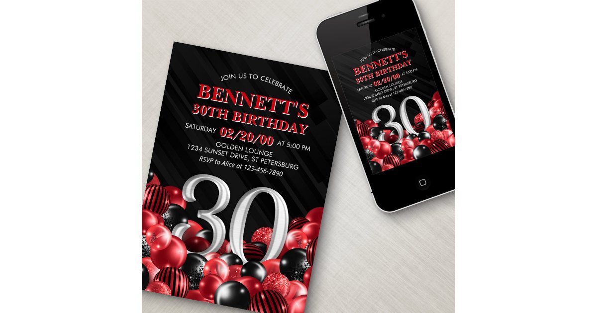 Balloons Red 30th Birthday Invitation | Zazzle
