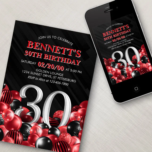 Balloons Red 30th Birthday Invitation | Zazzle