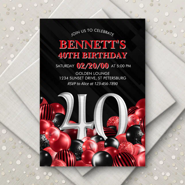 Balloons Red 40th Birthday Invitation | Zazzle
