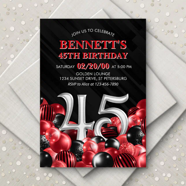 Balloons Red 45th Birthday Invitation | Zazzle