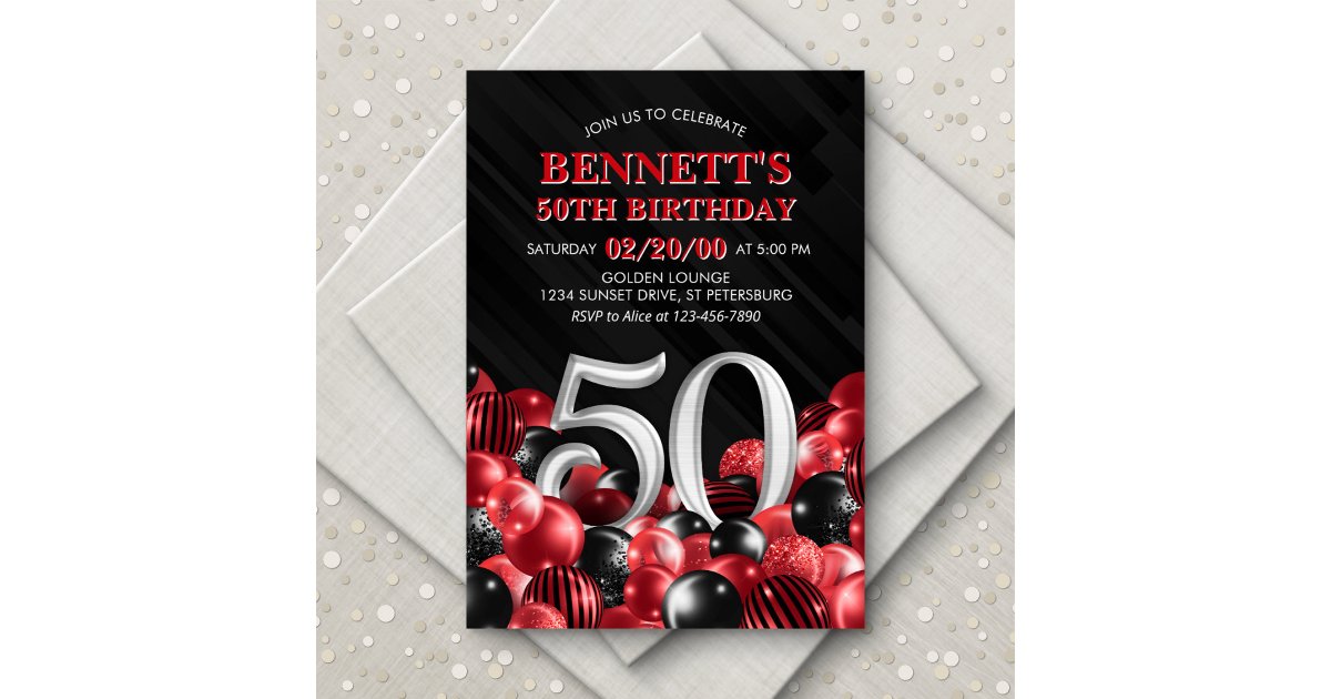 Balloons Red 50th Birthday Invitation | Zazzle