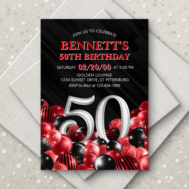 Balloons Red 50th Birthday Invitation | Zazzle