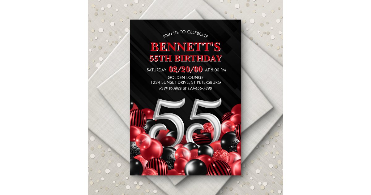 Balloons Red 55th Birthday Invitation | Zazzle