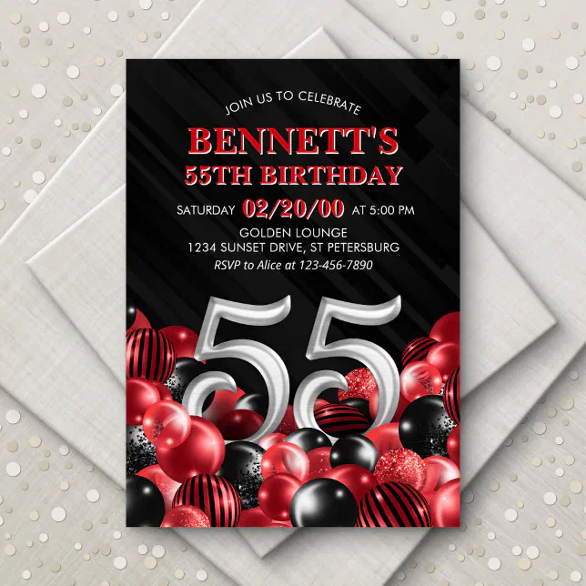 Balloons Red 55th Birthday Invitation | Zazzle