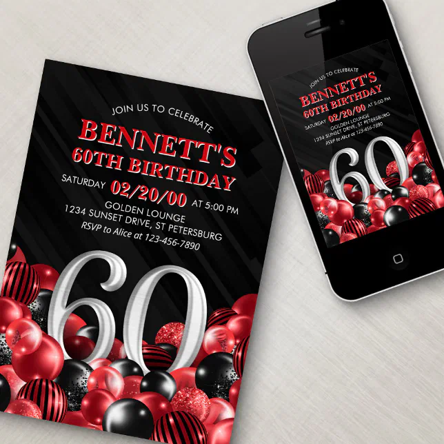 Balloons Red 60th Birthday Invitation | Zazzle