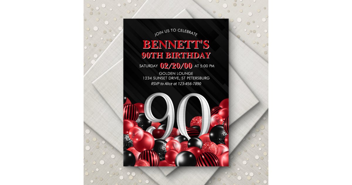 Balloons Red 90th Birthday Invitation | Zazzle