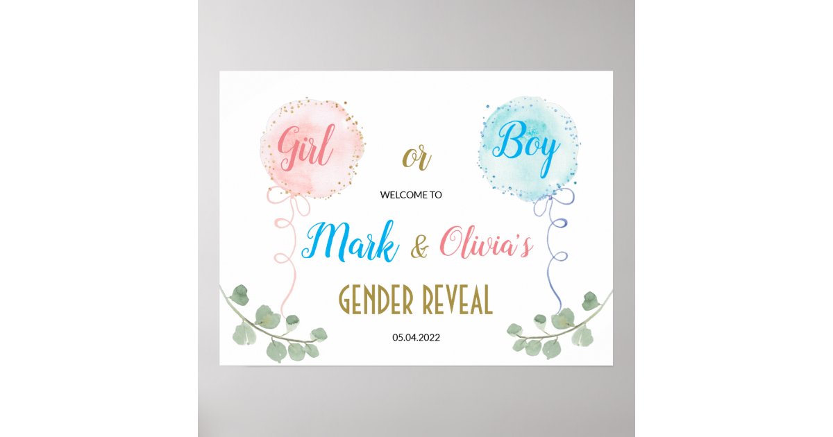 Balloons Watercolor Gender Reveal Welcome Poster | Zazzle