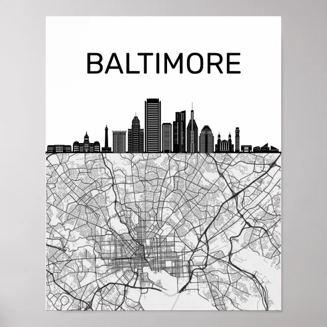 Baltimore Maryland City Skyline With Map Poster | Zazzle