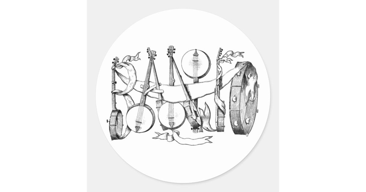 banjo spelled with banjos illustration art classic round sticker | Zazzle