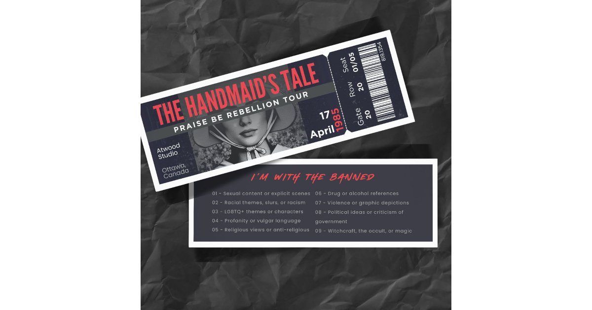 Banned Books Concert Ticket Handmaid's Tale Bookmarks | Zazzle