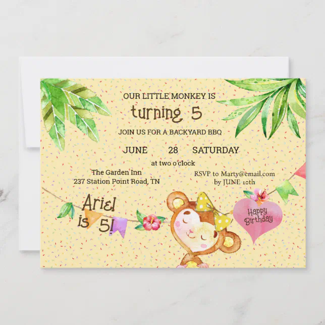 Banner Girl Monkey Turning 5 Birthday Party Invitation | Zazzle