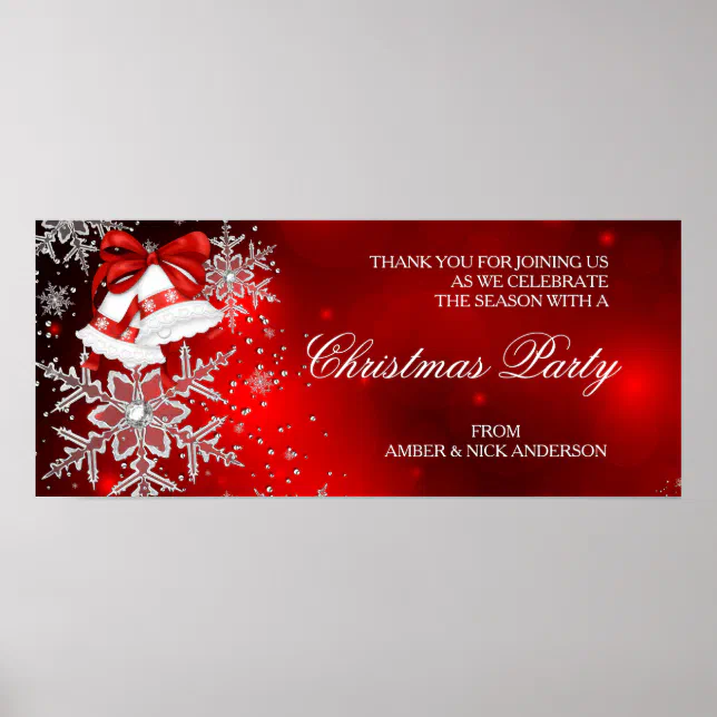 Banner Sparkle Snowflake Red Christmas Party Poster | Zazzle