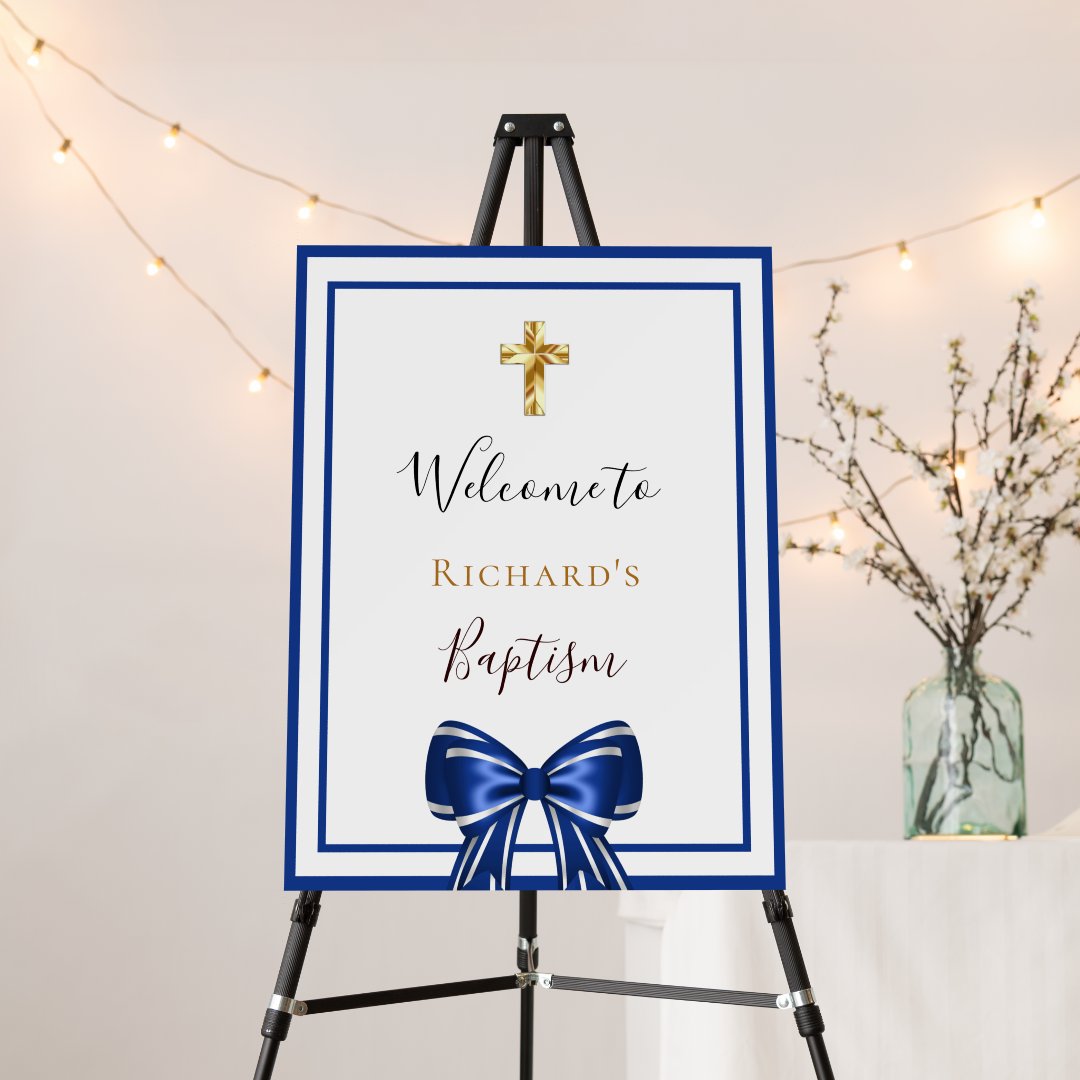 Baptims royal blue white boy cross bow welcome foam board | Zazzle