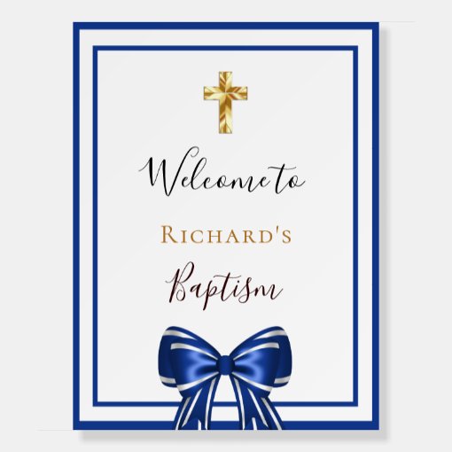 Baptims royal blue white boy cross bow welcome foam board | Zazzle