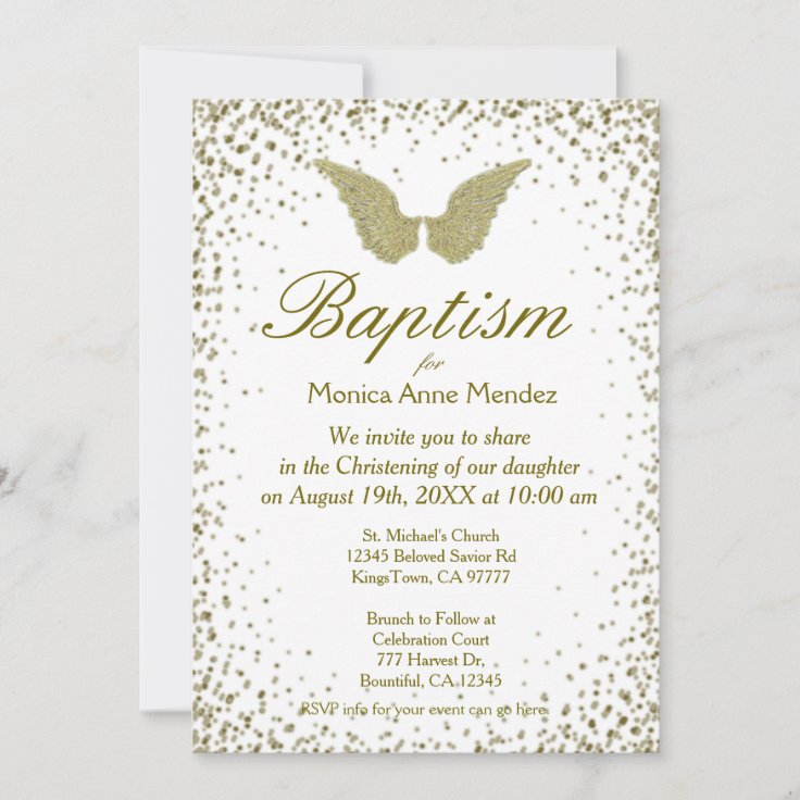 Baptism | Angel Wings & Gold Confetti Invitation | Zazzle