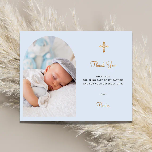 Baptism arch photo blue boy thank you card | Zazzle