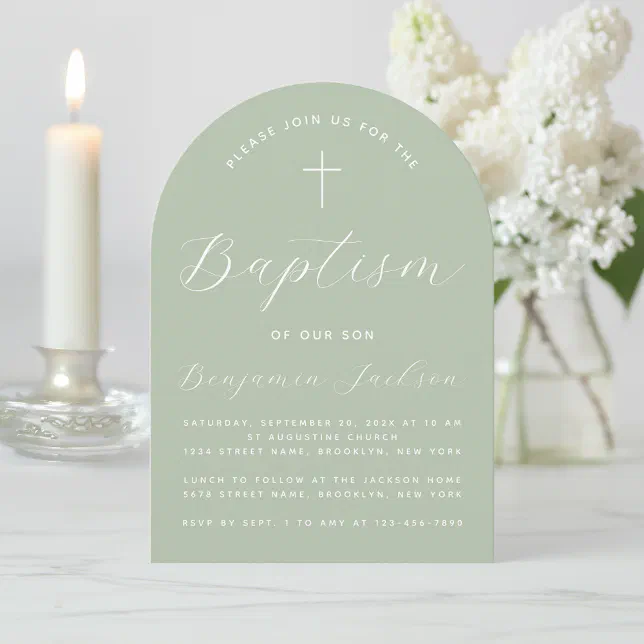 Baptism Arch Sage Green Modern Handwriting & Cross Invitation | Zazzle
