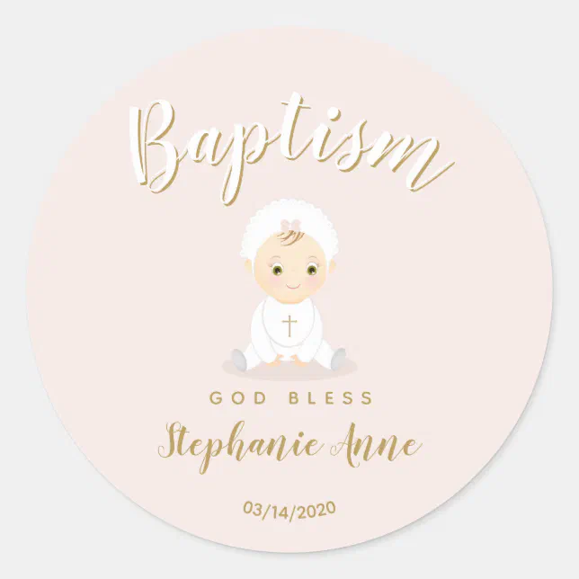 Baptism Baby Girl with Bonnet Classic Round Sticker | Zazzle