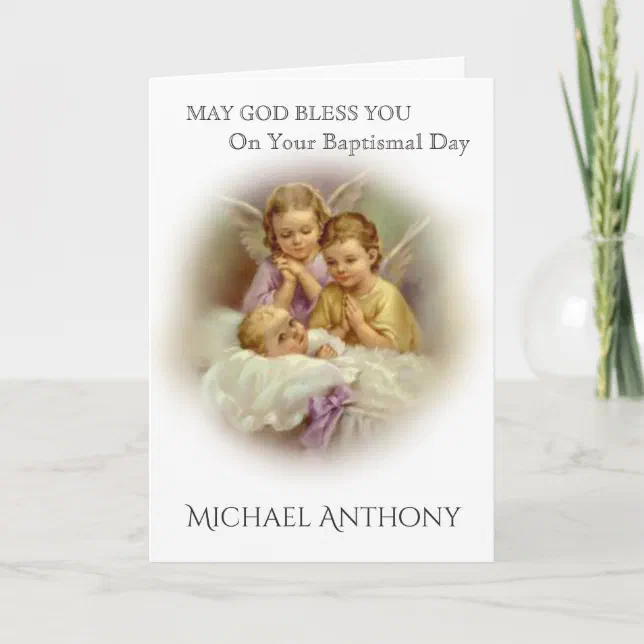 Baptism Baby with praying Angels Catholic Card | Zazzle