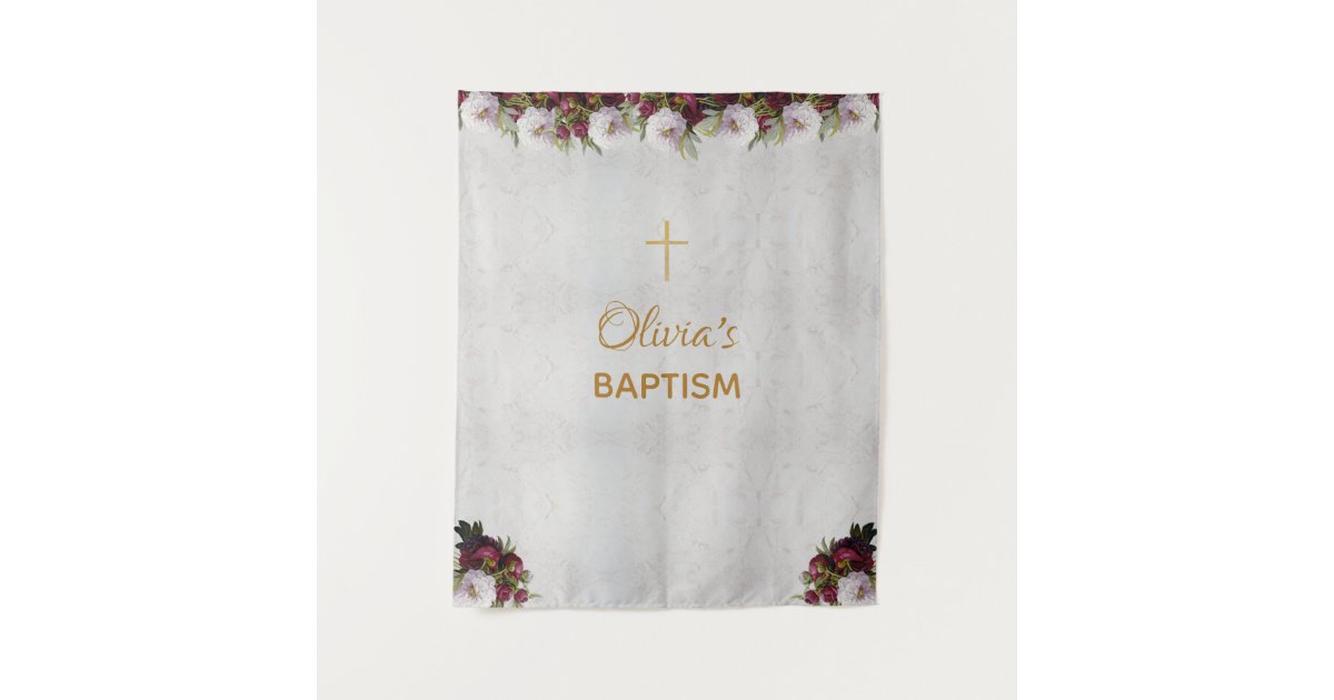 Baptism Backdrop Gold Cross Burgundy Peony Marble | Zazzle