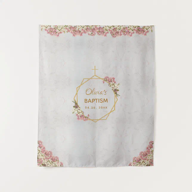 Baptism Backdrop Gold Pink Orchid Marble Geometric | Zazzle