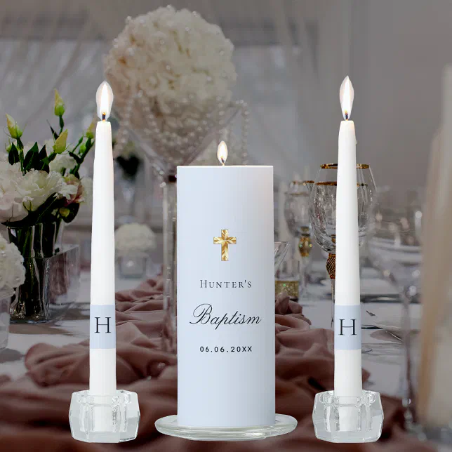Baptism blue boy name script elegant unity candle set | Zazzle