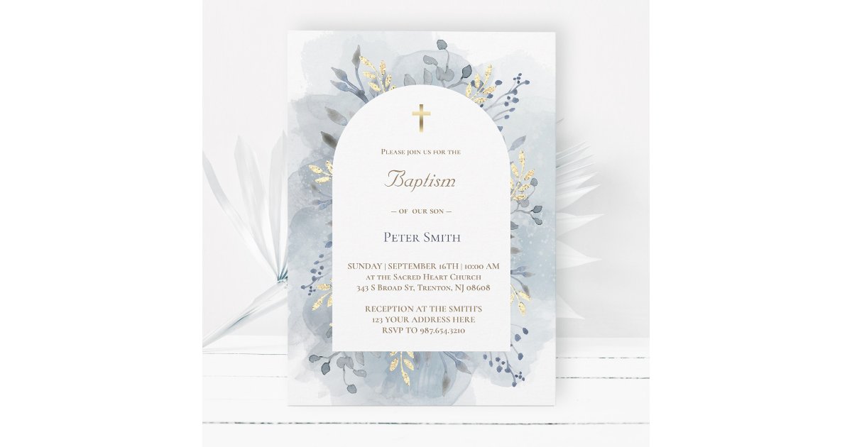 Baptism blue watercolor foliage invitation | Zazzle