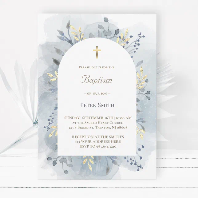 Baptism blue watercolor foliage invitation | Zazzle