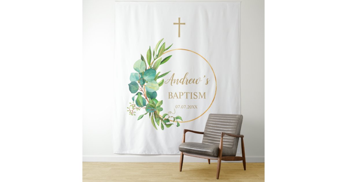 Baptism Boy Backdrop - Eucalyptus Greenery | Zazzle