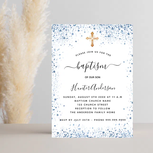 Baptism boy blue white sparkles gold cross invitation | Zazzle