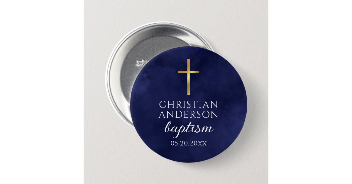 Baptism Boy Elegant Royal Blue Button | Zazzle