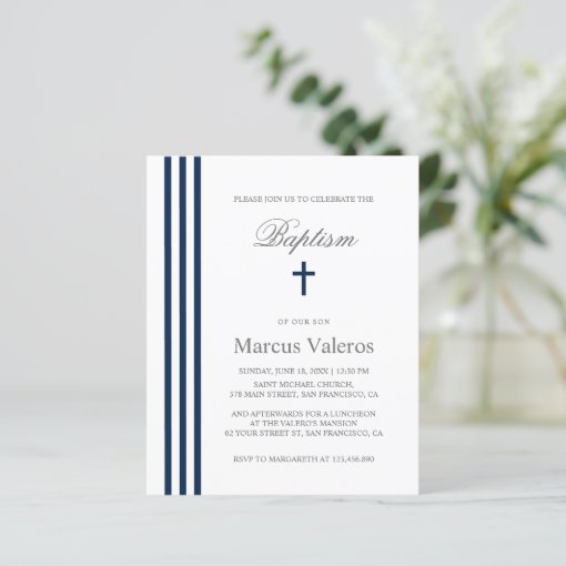 BAPTISM Chic Vertical Striped Navy Blue Cross | Zazzle