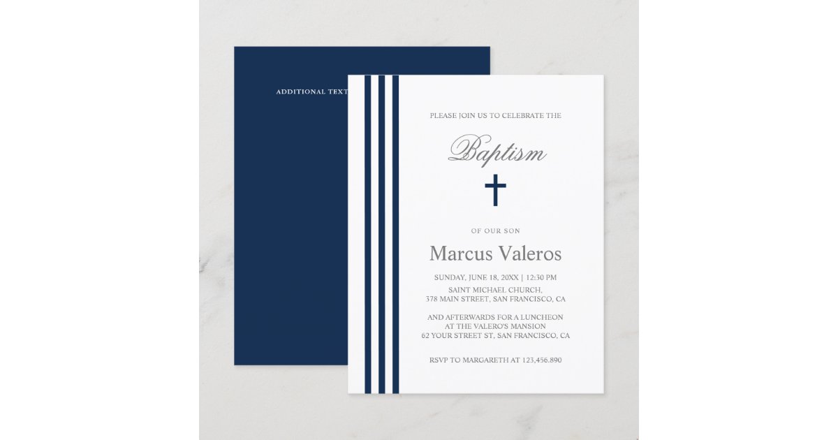 BAPTISM Chic Vertical Striped Navy Blue Cross | Zazzle