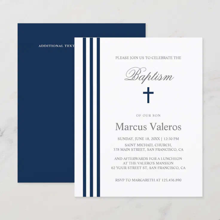 BAPTISM Chic Vertical Striped Navy Blue Cross | Zazzle