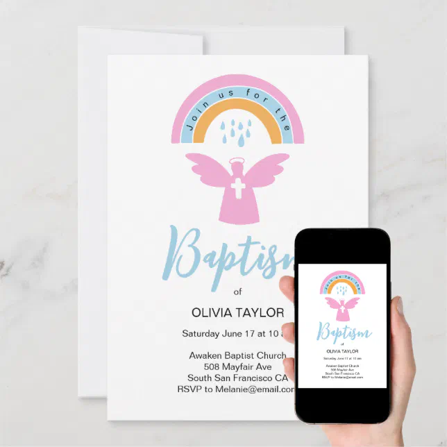 Baptism Christening angel and rainbow Invitation | Zazzle