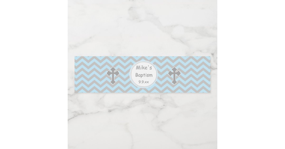 Baptism Christening Blue Gray Bottle Wrapper Water Bottle Label | Zazzle