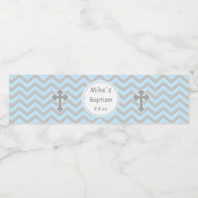 Baptism Christening Blue Gray Bottle Wrapper Water Bottle Label | Zazzle