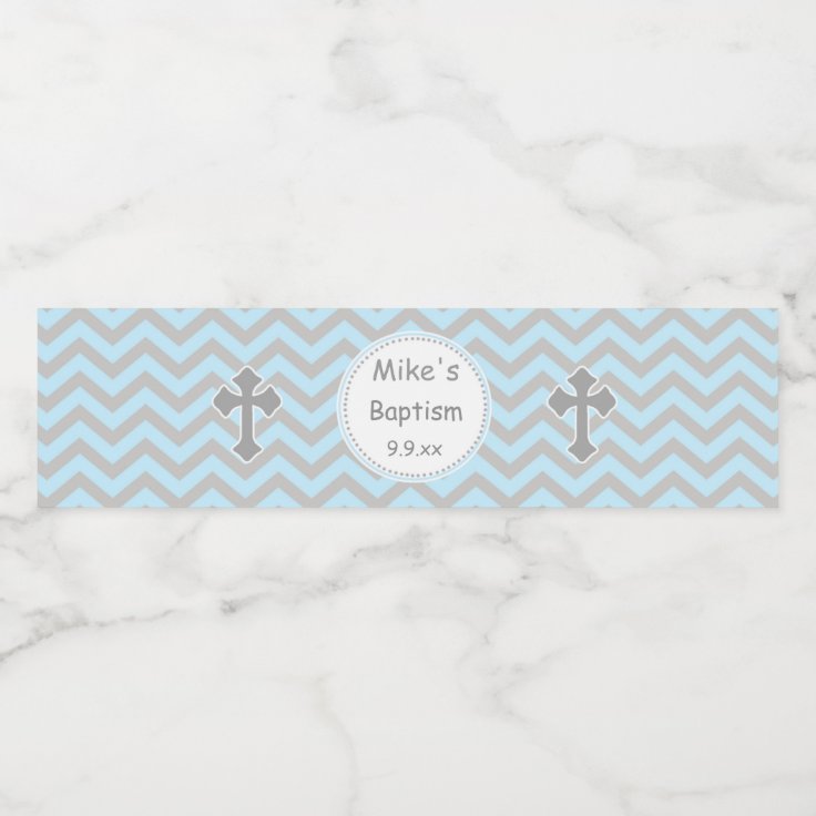 Baptism Christening Blue Gray Bottle Wrapper Water Bottle Label | Zazzle