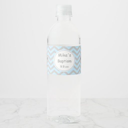 Baptism Christening Blue Gray Bottle Wrapper Water Bottle Label | Zazzle