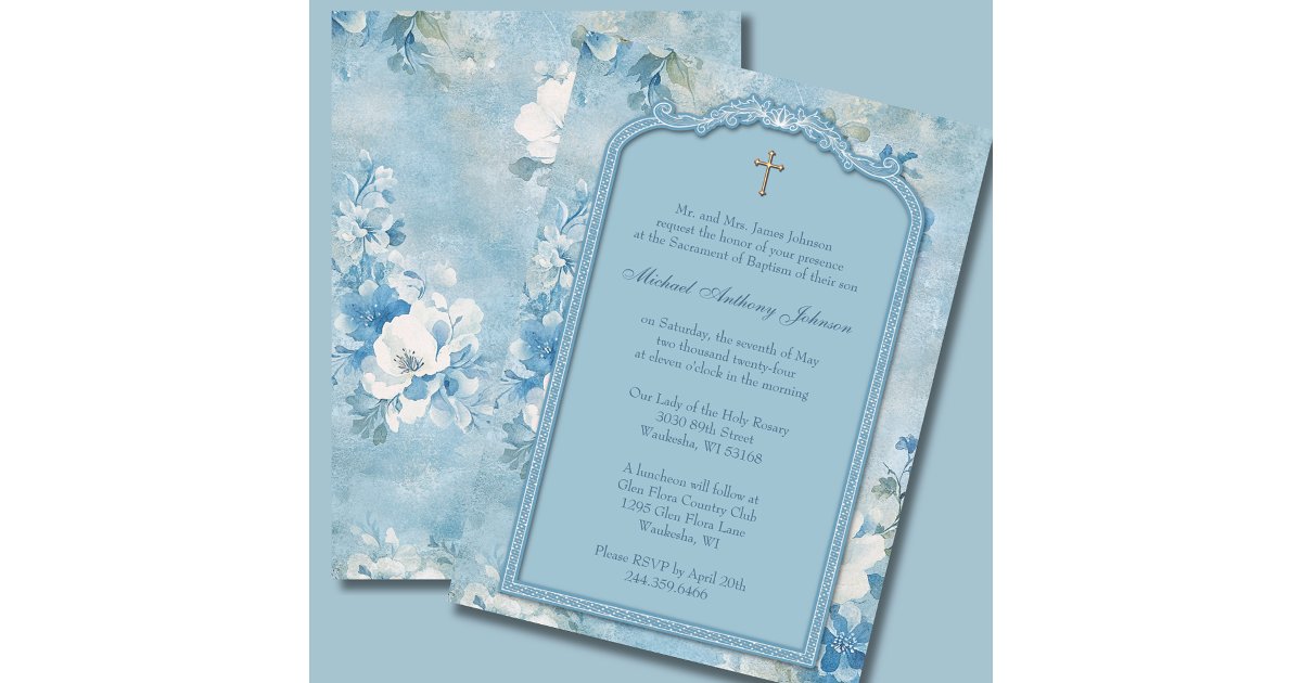 Baptism Christening Blue White Floral Invitation | Zazzle