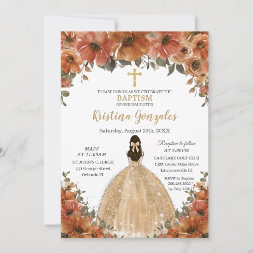 Baptism Christening Burnt Orange Fall Floral Gold Invitation | Zazzle