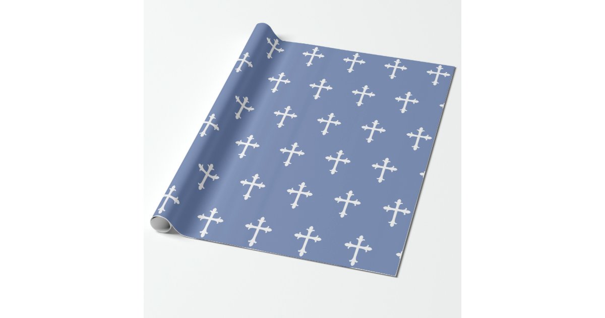 Baptism Christening Cross Confirmation Boy Blue Wrapping Paper | Zazzle